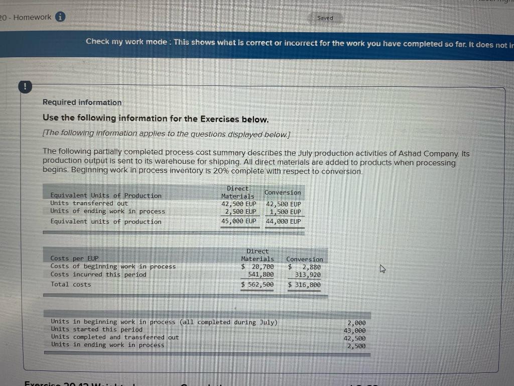 Solved 20 - Homework Saved Check my work mode: This shows | Chegg.com