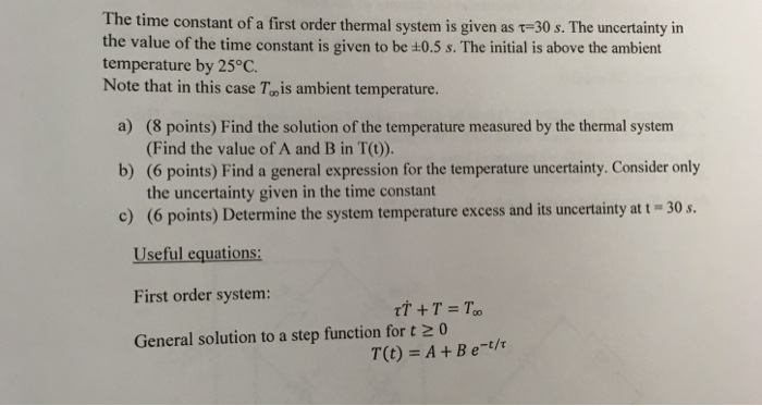 Solved he time constant of a first order thermal system is | Chegg.com