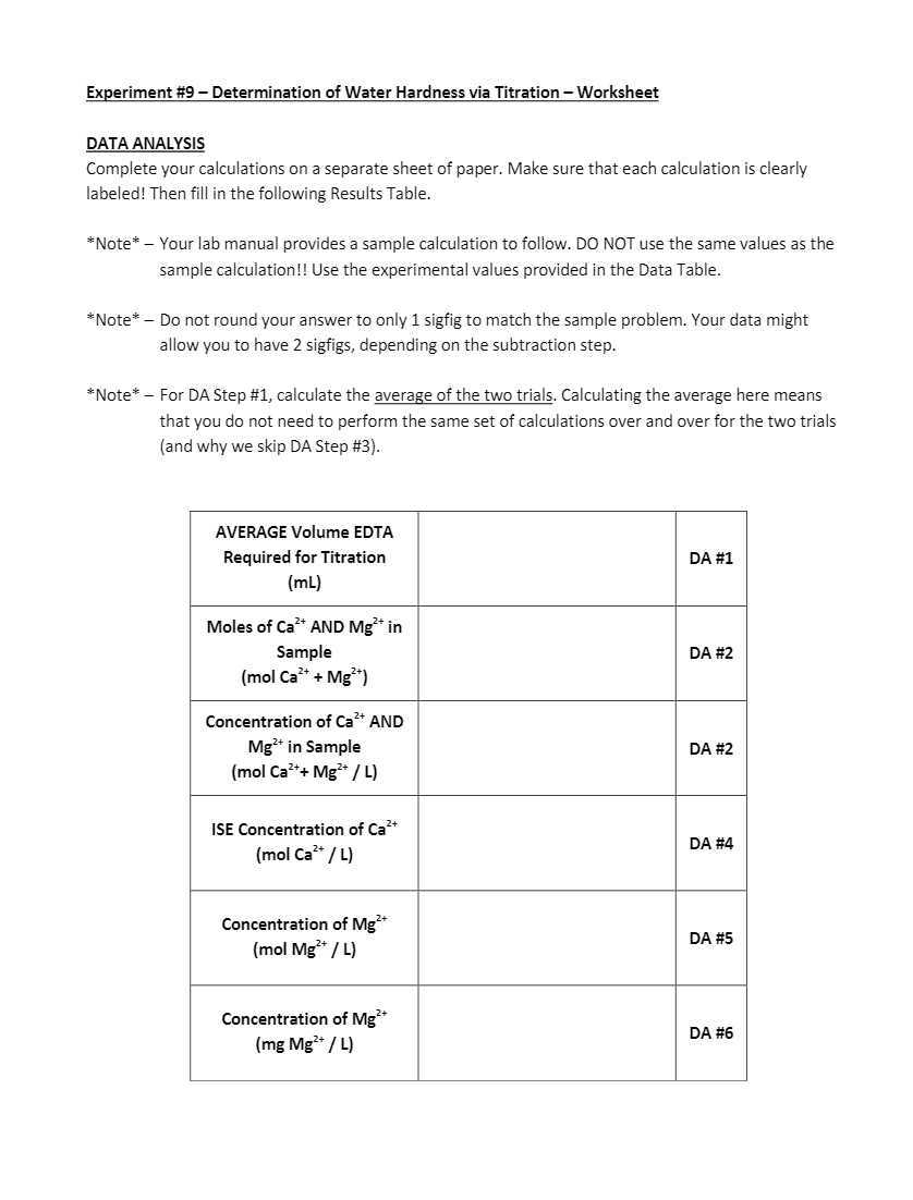 Solved Experiment #9 - Determination of Water Hardness via | Chegg.com