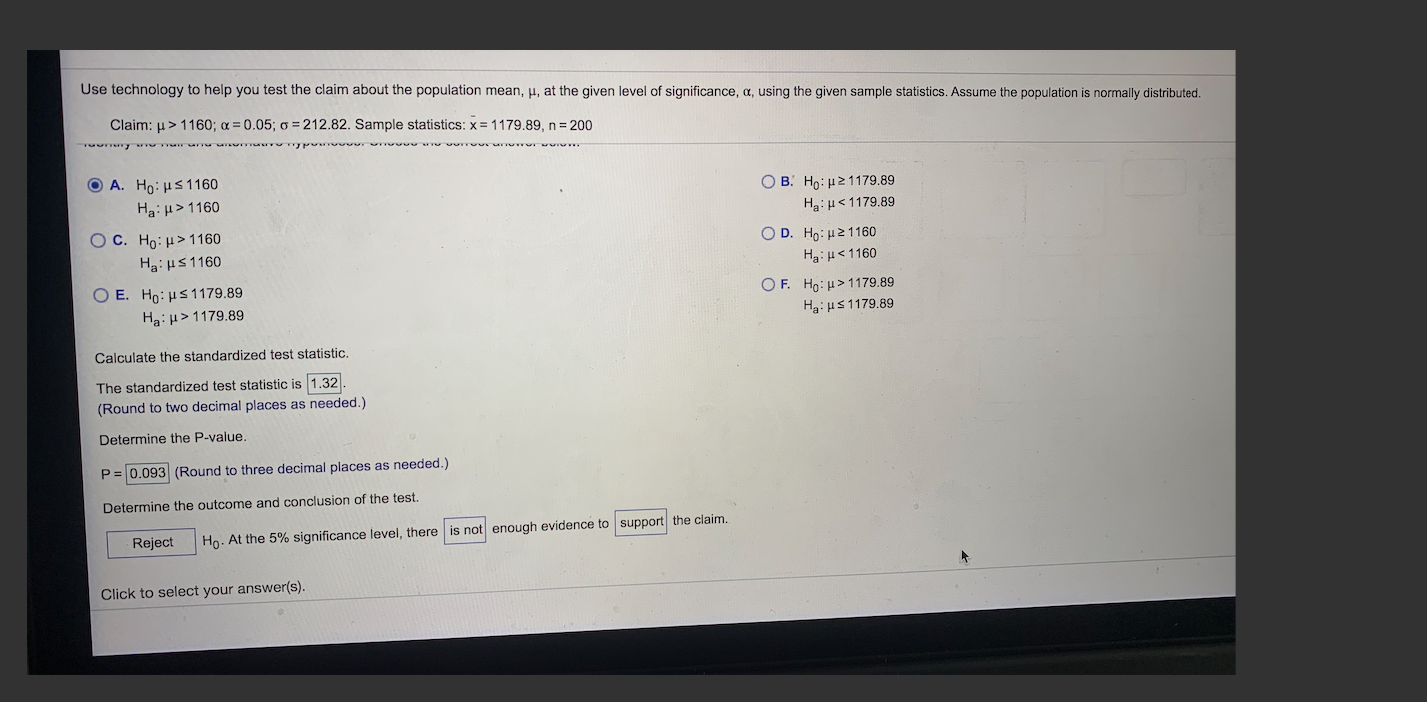 Solved Use technology to help you test the claim about the | Chegg.com