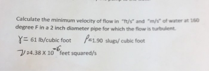 Solved Calculate the minimum velocity of flow in "ft/s" and | Chegg.com