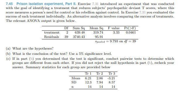 Solved treatment 3.33 2 39 7.45 Prison isolation experiment, | Chegg.com
