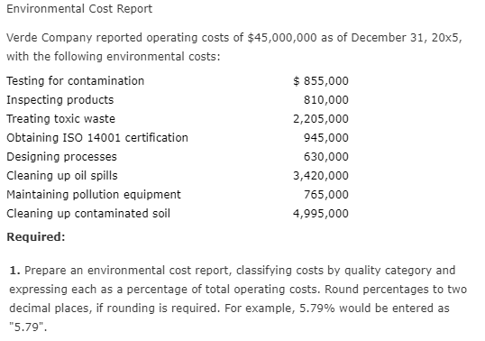 Solved Environmental Cost Report Verde Company reported | Chegg.com