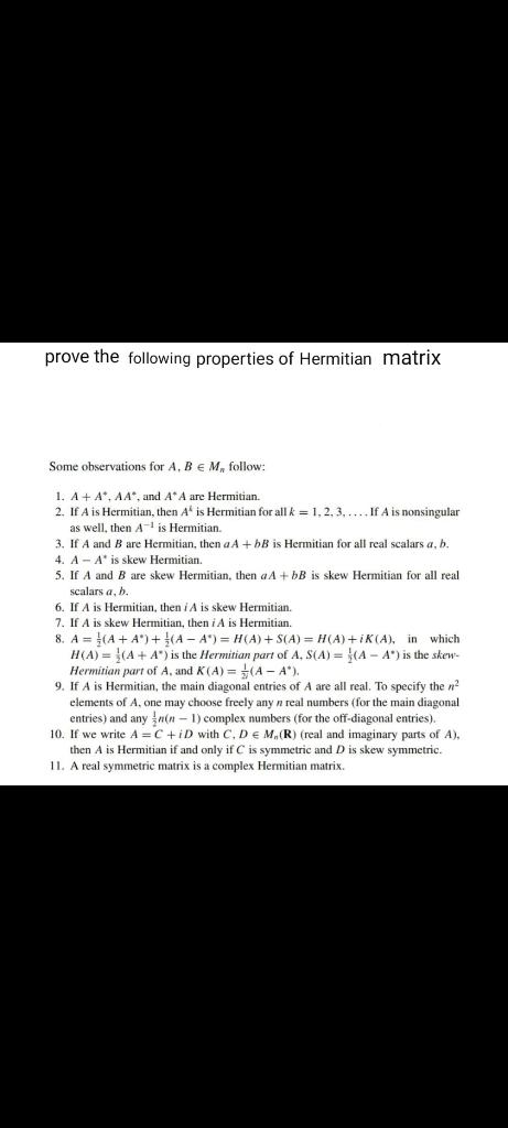 Solved prove the following properties of Hermitian matrix | Chegg.com