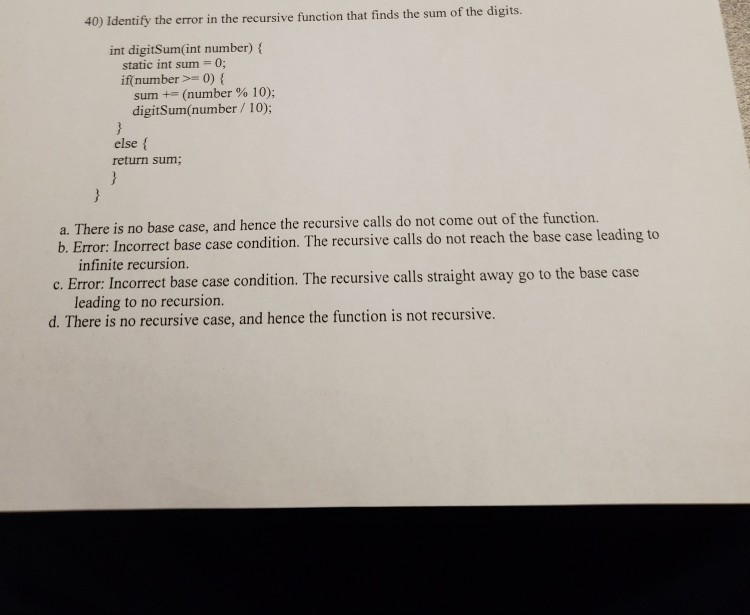 Solved 40 Identify The Error In The Recursive Function T 6869