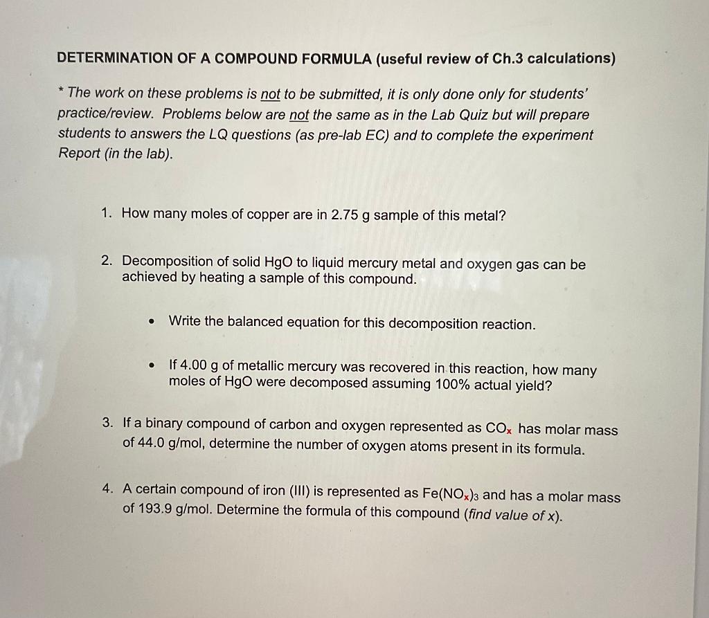 Solved DETERMINATION OF A COMPOUND FORMULA (useful review of | Chegg.com
