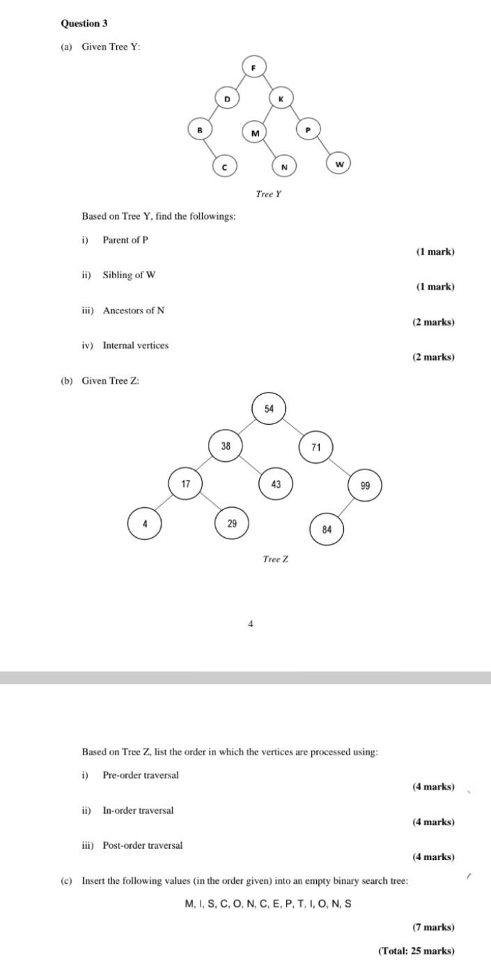 Solved Question 3 (a) Given Tree Y: Based on Tree Y, find | Chegg.com