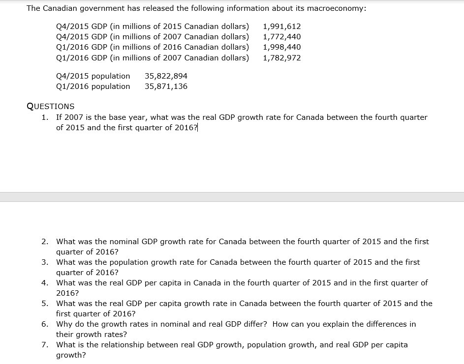 Solved The Canadian government has released the following | Chegg.com