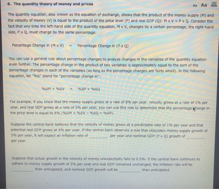 Solved 6. The quantity theory of money and prices Aa Aa E | Chegg.com