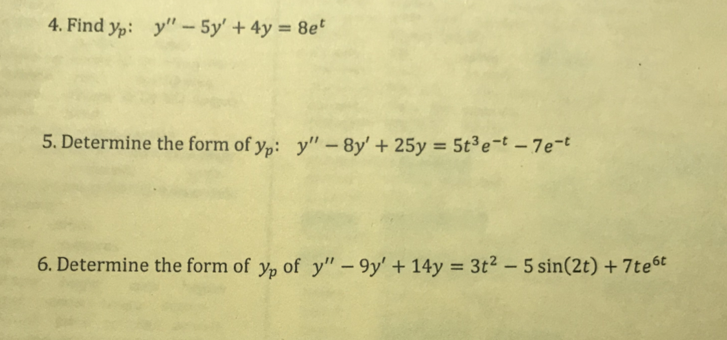 Solved 4. Find yp: y"5y' +4y 8e 5. Determine the form of yp: | Chegg.com