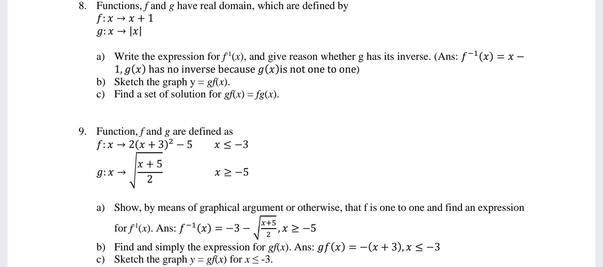 Solved 8. Functions, f and g have real domain, which are | Chegg.com