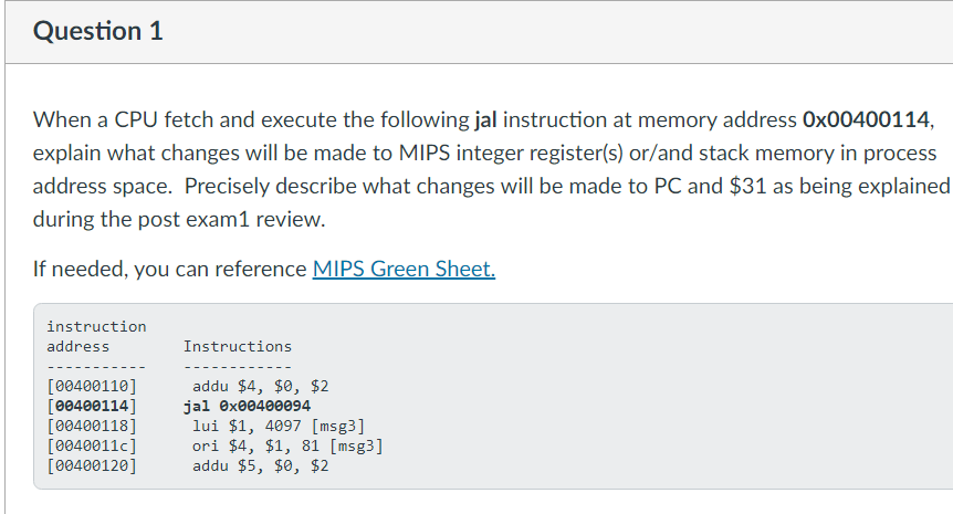 Solved When a CPU fetch and execute the following jal | Chegg.com