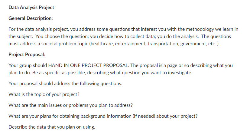 Solved Data Analysis Project General Description: For the | Chegg.com