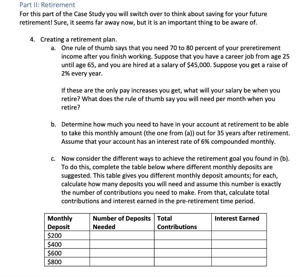 Solved Part II: Retirement For this part of the Case Study | Chegg.com