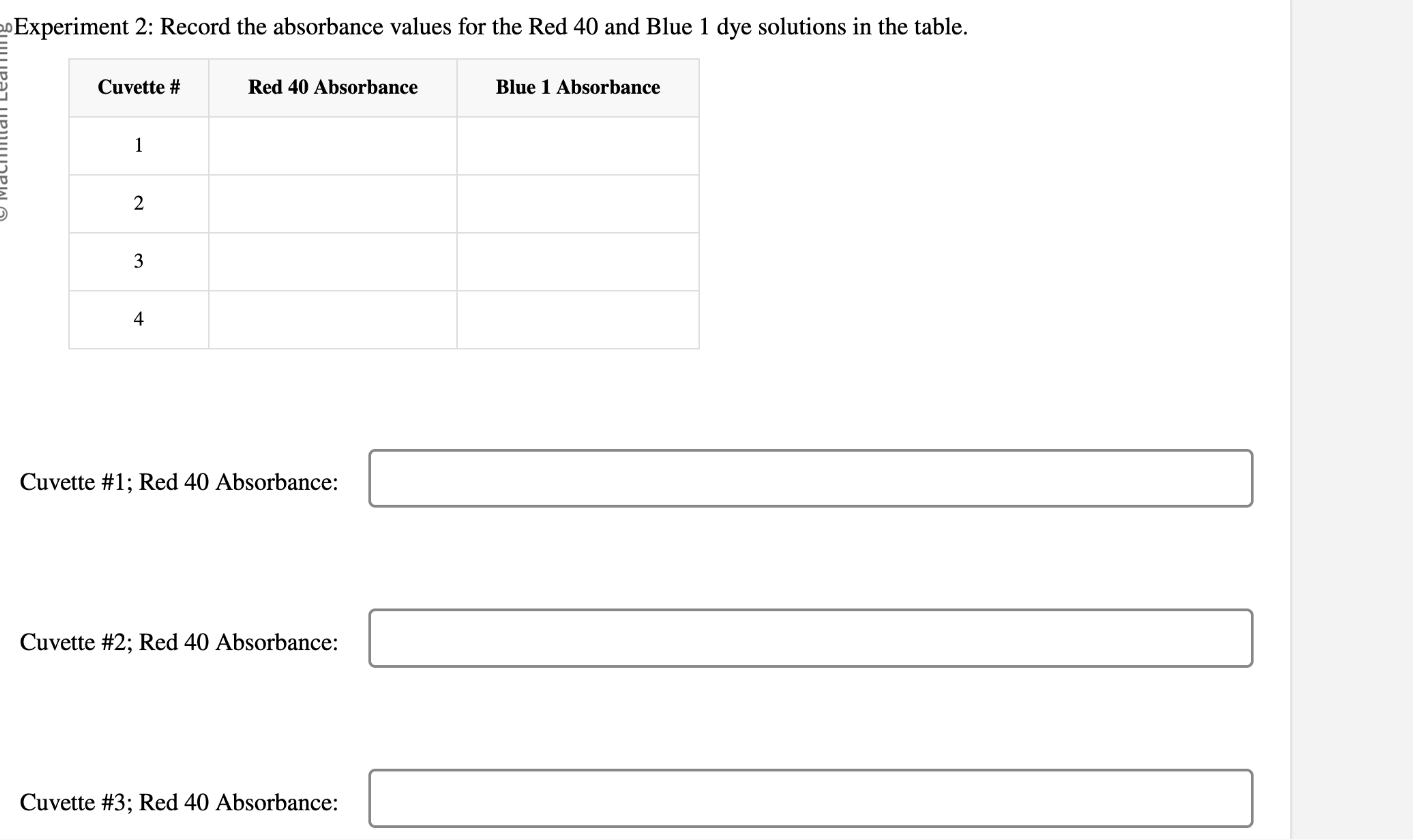 Experiment 2: Record the absorbance values for the | Chegg.com