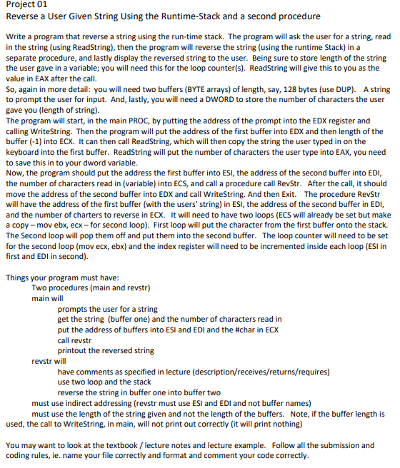 Solved Project 01 Reverse a User Given String Using the | Chegg.com