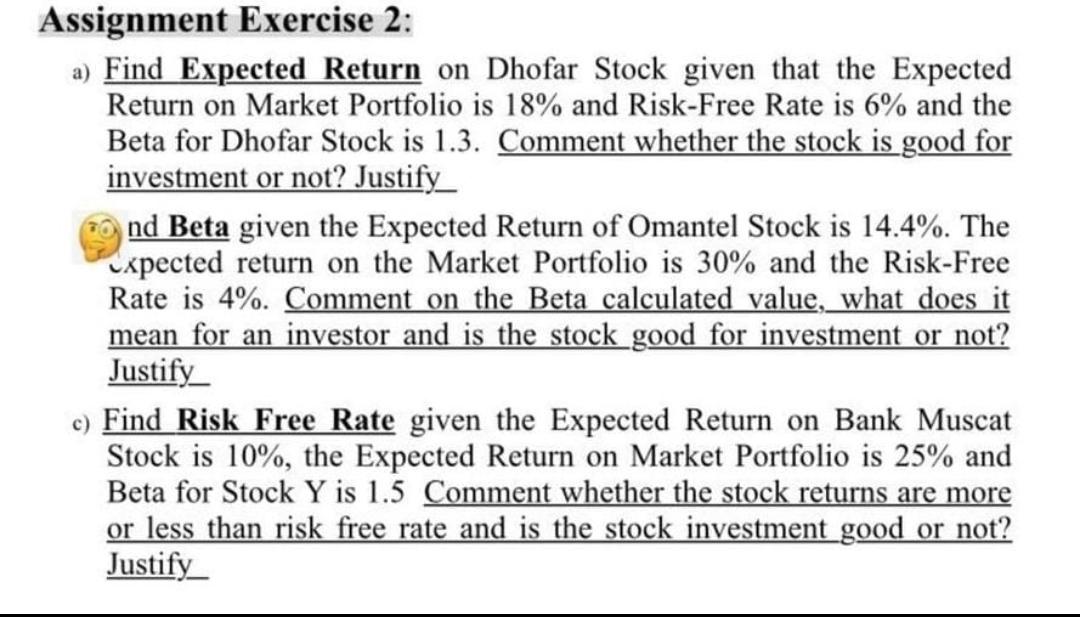 Solved Assignment Exercise 2: a) Find Expected Return on | Chegg.com