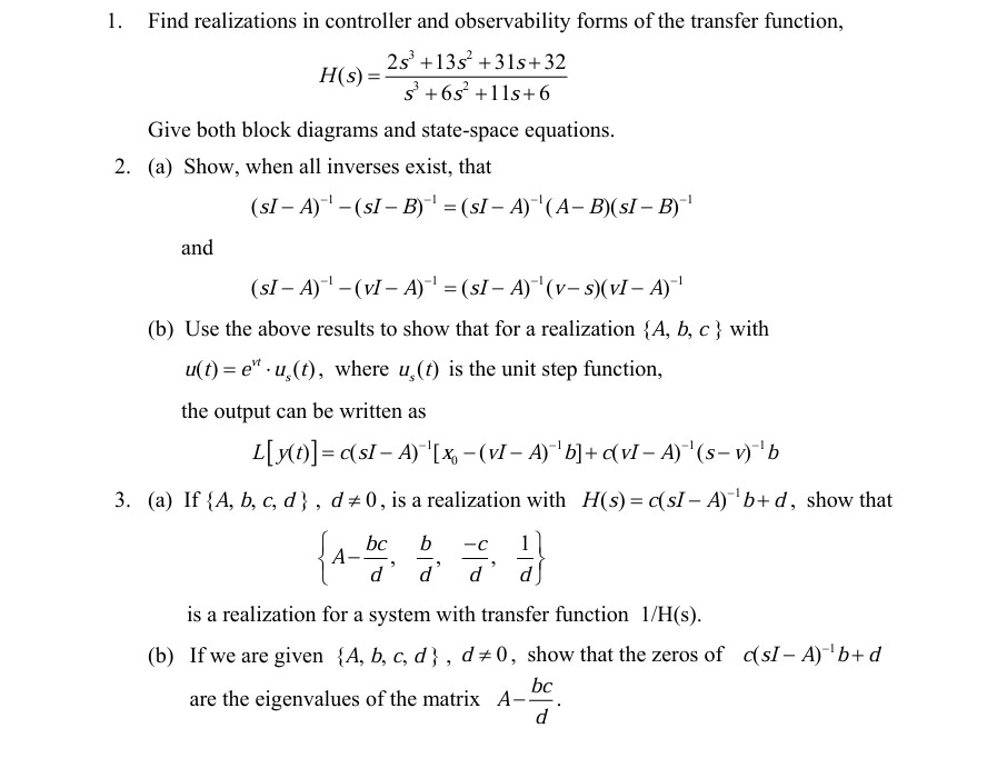 Solved Find Realizations In Controller And Observability