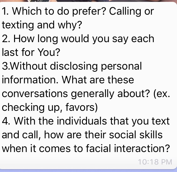 Solved 1. Which to do prefer? Calling or texting and why? 2. | Chegg.com