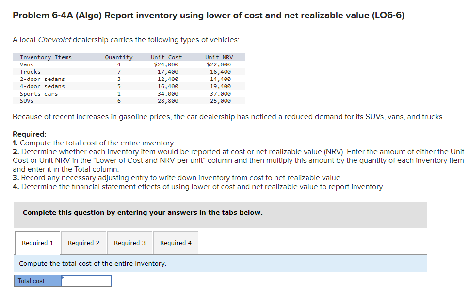 Solved Problem 6-4A (Algo) Report inventory using lower of | Chegg.com