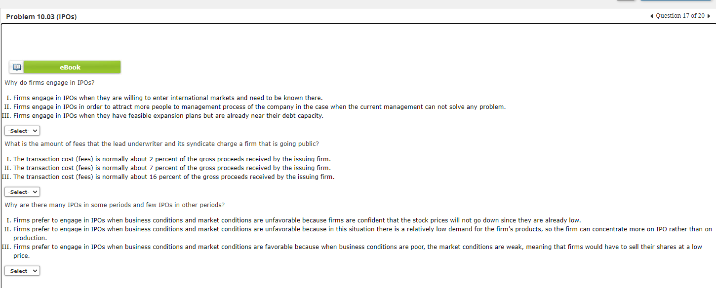Problem 10.03 (IPOs) + Question 17 of 20 eBook Why do | Chegg.com