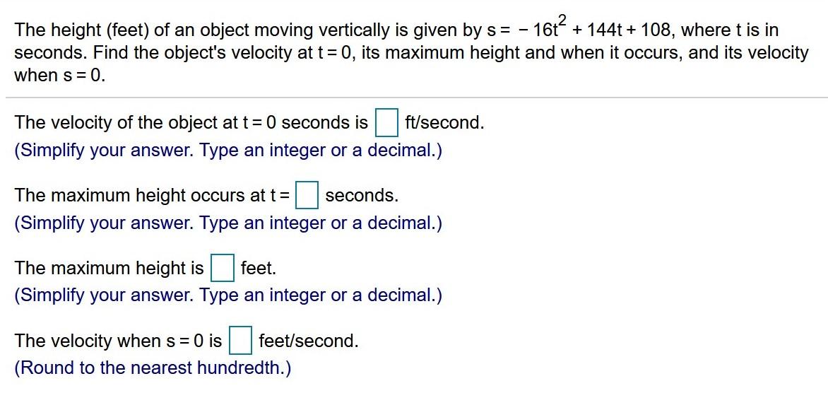 Solved The height (feet) of an object moving vertically is | Chegg.com