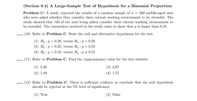 Solved Section 9 4 A Large Sample Test Of Hypothesis For A