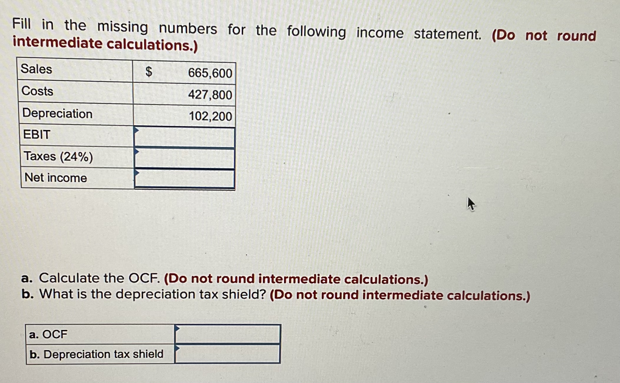 Solved Fill in the missing numbers for the following income | Chegg.com