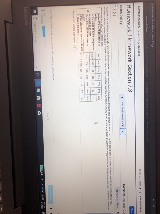 Solved a MATH-1530-W77-Introductory Statistics Krista | Chegg.com