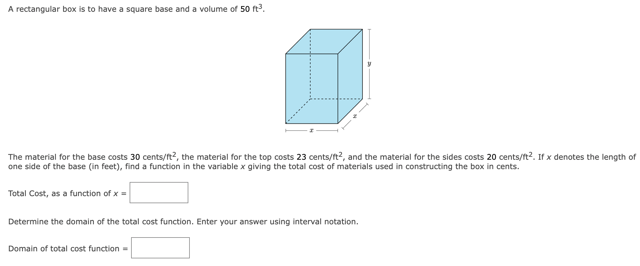 Solved A rectangular box is to have a square base and a | Chegg.com