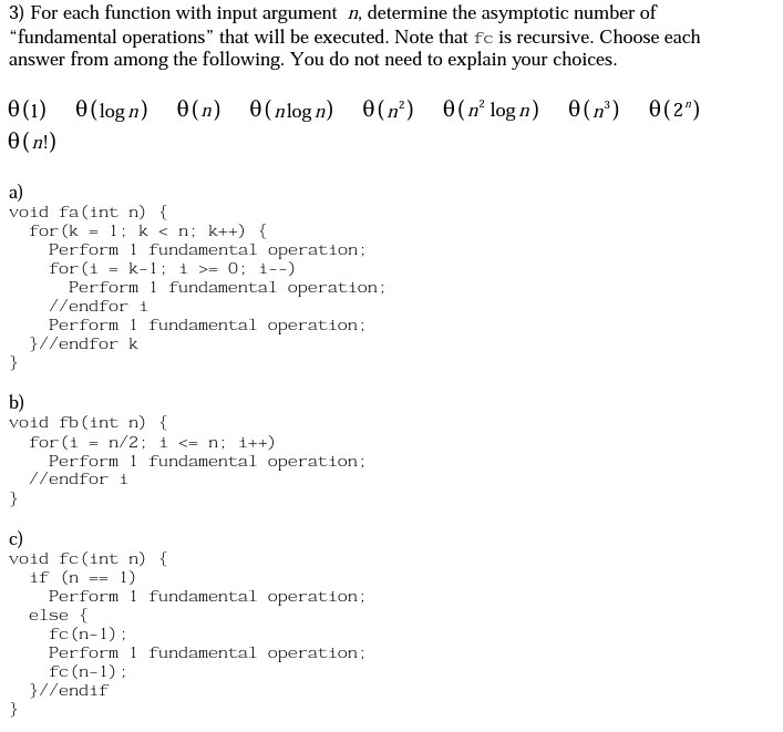 Solved 3) For each function with input argument n, determine | Chegg.com