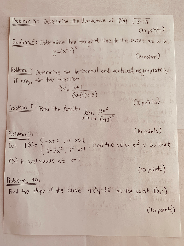 Solved Problem 5: Determine the derivative of f(x) = x2+8 | Chegg.com