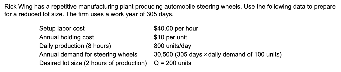 Solved Rick Wing has a repetitive manufacturing plant | Chegg.com