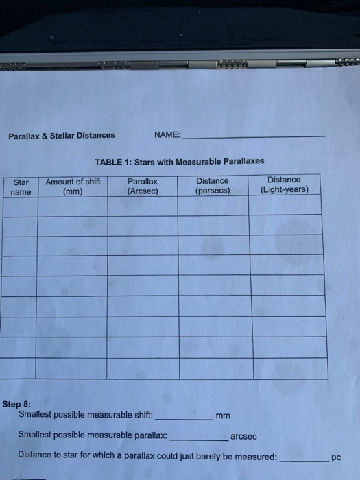 Solved Parallax & Stellar Distances NAME: TABLE 1: Stars | Chegg.com