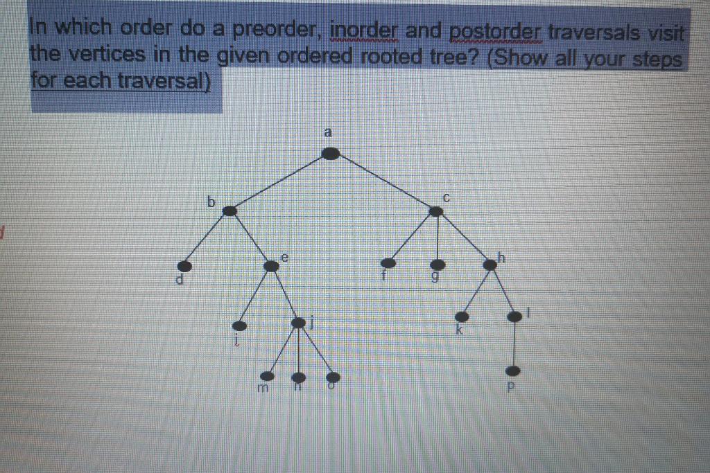 Solved In which order do a preorder, inorder and postorder | Chegg.com