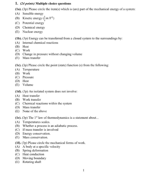 Solved Multiple choice questions (1a). Please circle the | Chegg.com