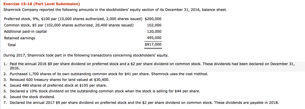 Solved Exercise 15-18 (Part Level Submission) Shamrock | Chegg.com
