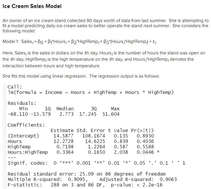 Solved Ice Cream Sales Model An owner of an ice cream stand | Chegg.com