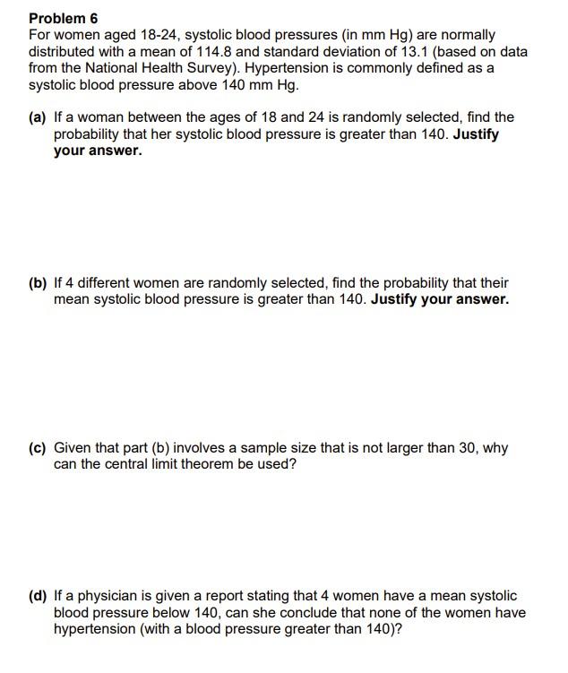 Solved Problem 6 For women aged 18-24, systolic blood | Chegg.com