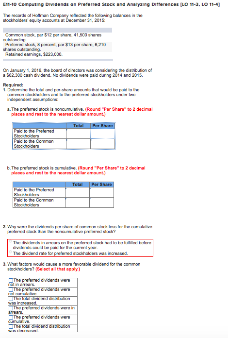 Solved E11-10 Computing Dividends on Preferred Stock and | Chegg.com