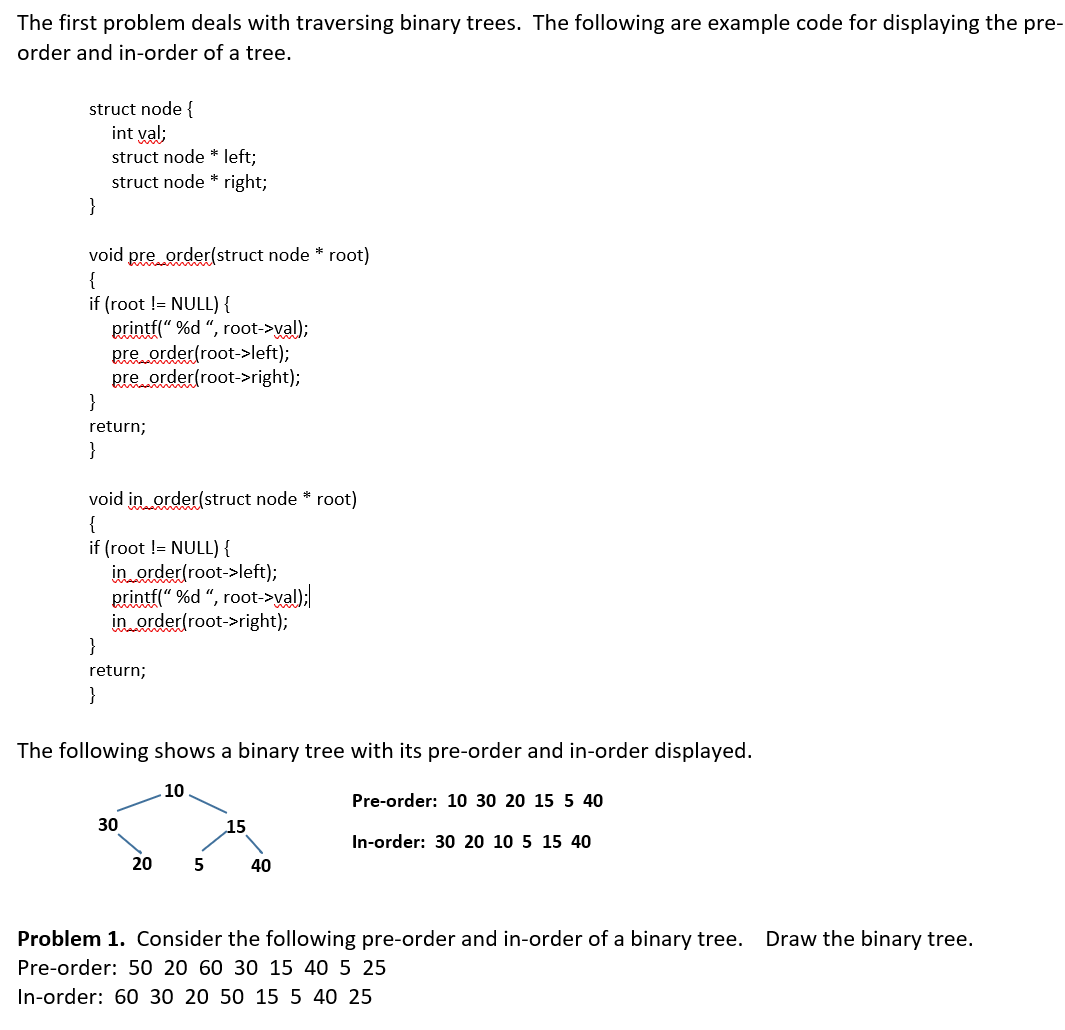 Solved The first problem deals with traversing binary trees. | Chegg.com