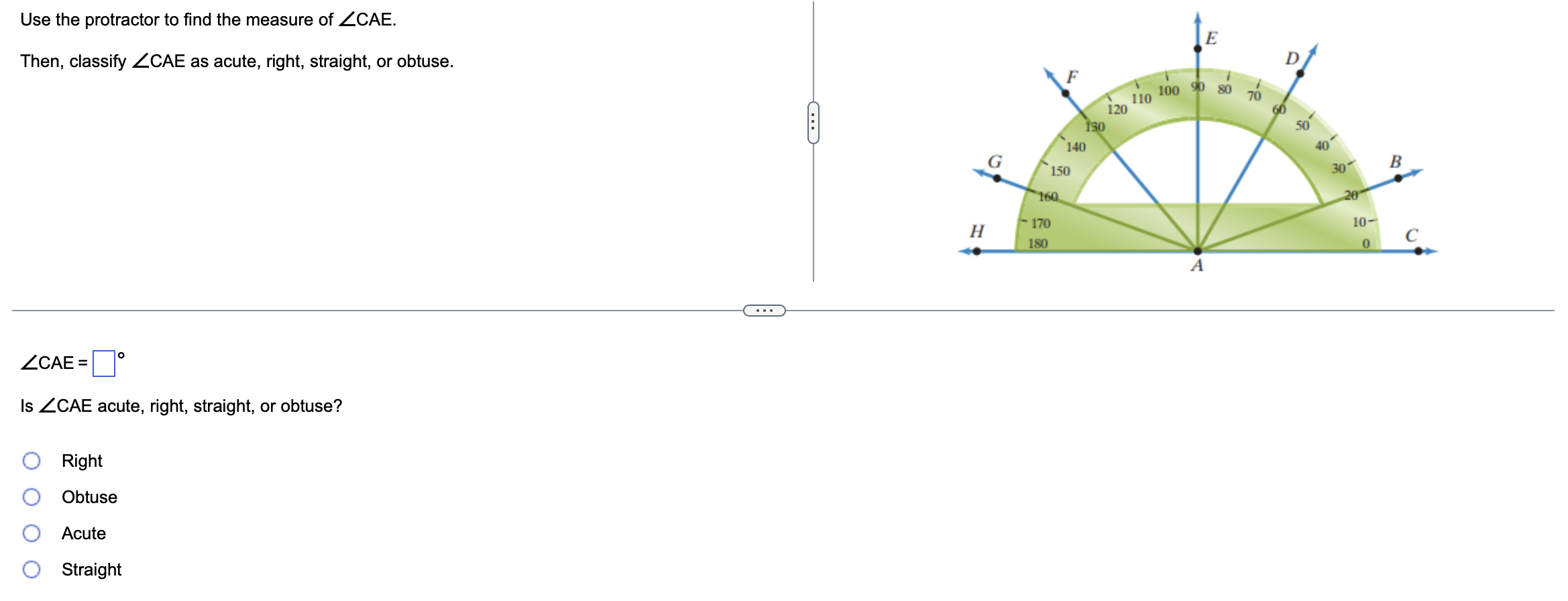 Solved Use the protractor to find the measure of ∠CAE. Then, | Chegg.com