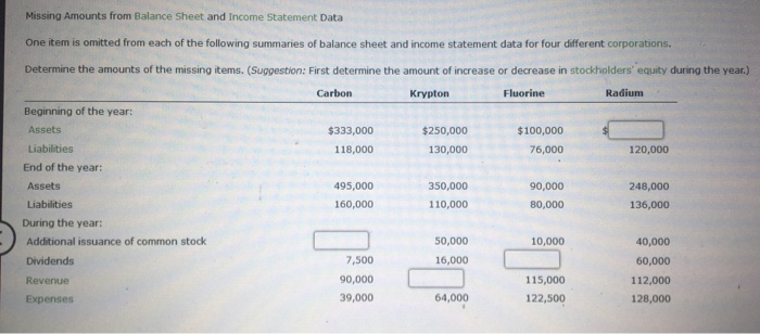 (Solved Homework): Missing Amounts from Balance Sheet and Income ... (Solved Homework): Missing Amounts from Balance Sheet and Income ...