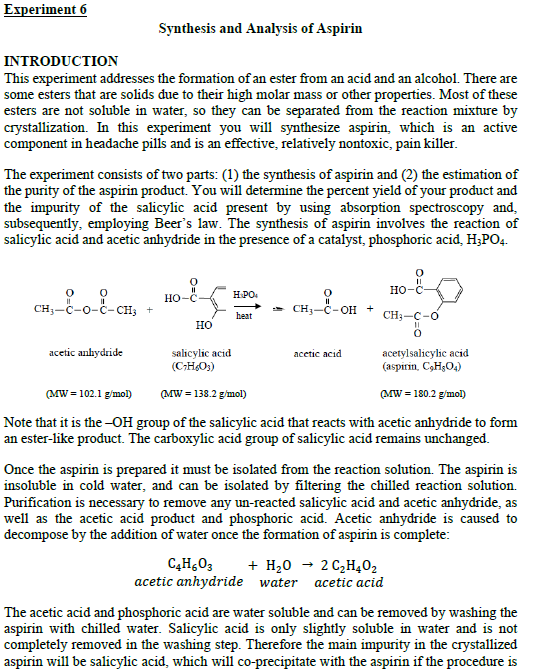 Experiment 6 Synthesis and Analysis of Aspirin | Chegg.com