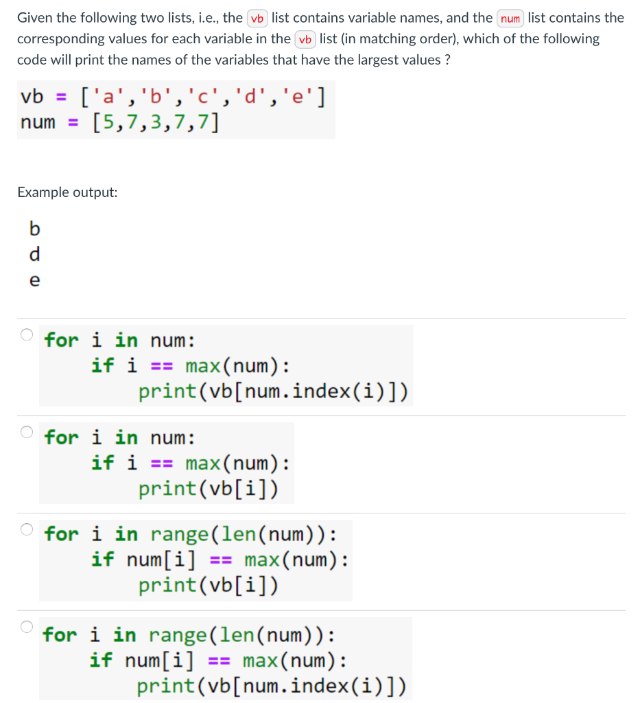 Solved Given the following two lists, i.e., the vb list | Chegg.com