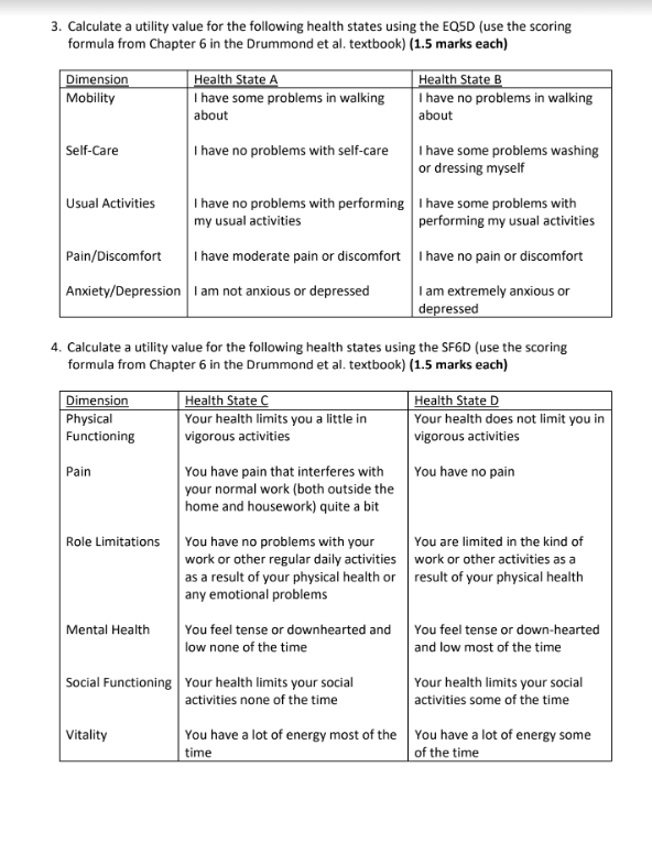 Solved 3. Calculate a utility value for the following health | Chegg.com