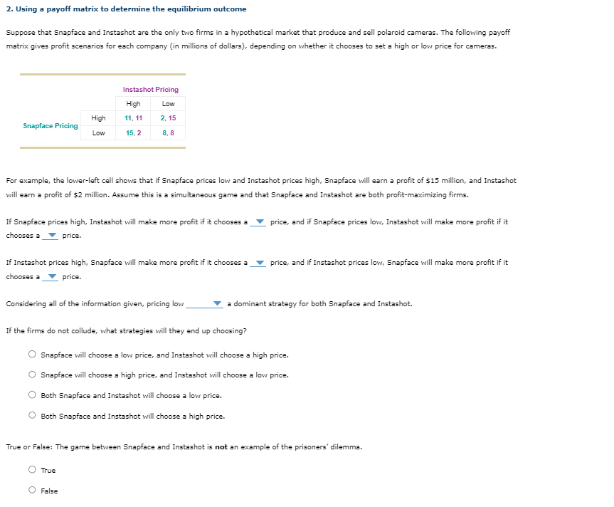 Solved 2. Using a payoff matrix to determine the equilibrium | Chegg.com
