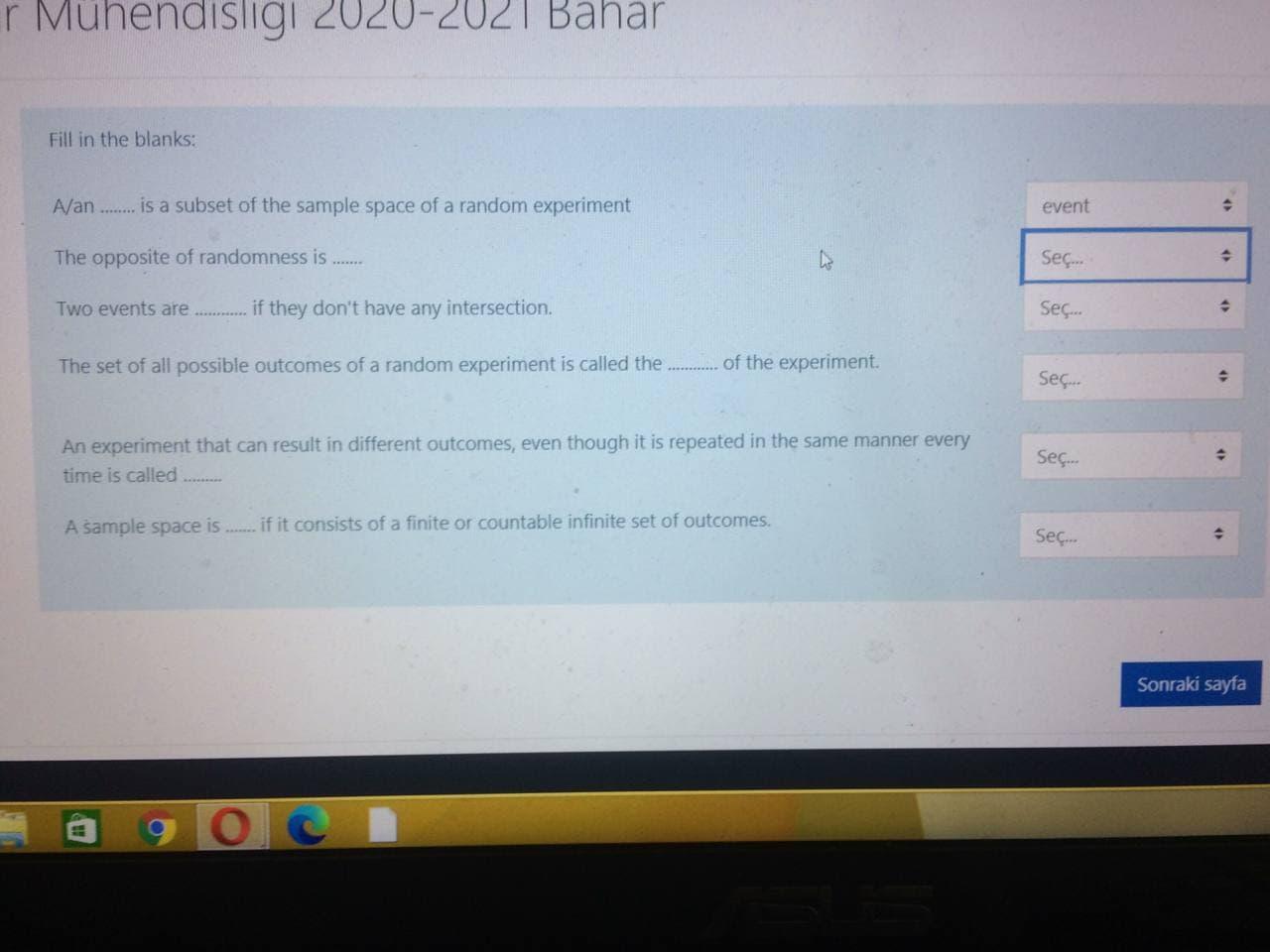 Solved r Mühendisligi 2020-2021 Bahar Fill in the blanks: | Chegg.com