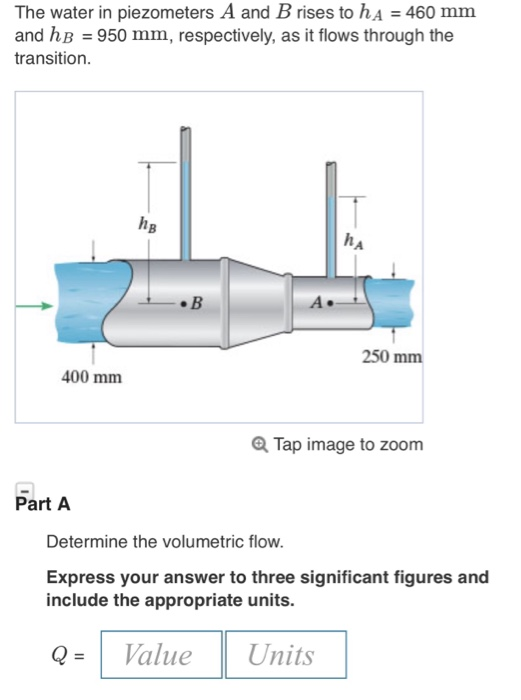 Solved The water in piezometers A and B rises to hA 460 mm | Chegg.com