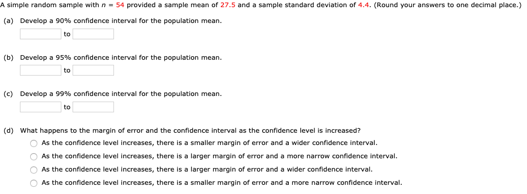 Solved A simple random sample with n = 54 provided a sample | Chegg.com